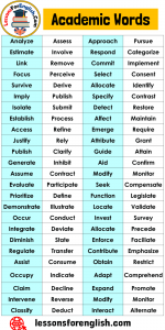 100 Academic Words, Academic Vocabulary List - Lessons For English